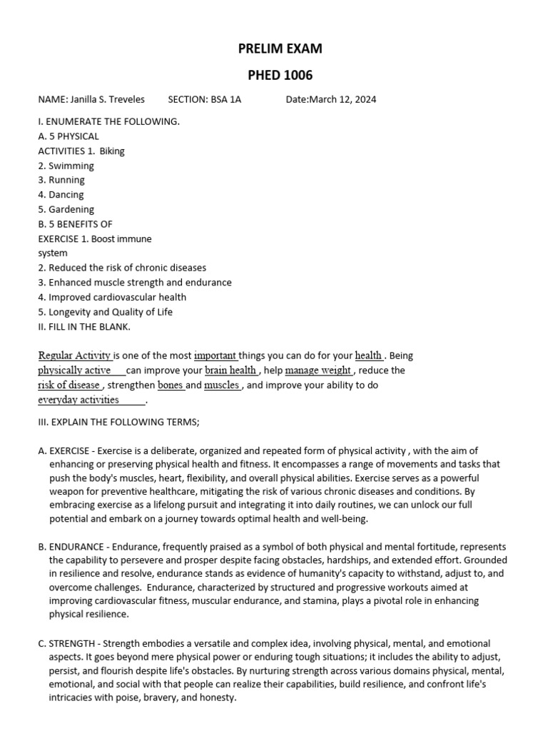 PHED 1006 Exam: Benefits of Exercise | PDF | Endurance | Physical Fitness