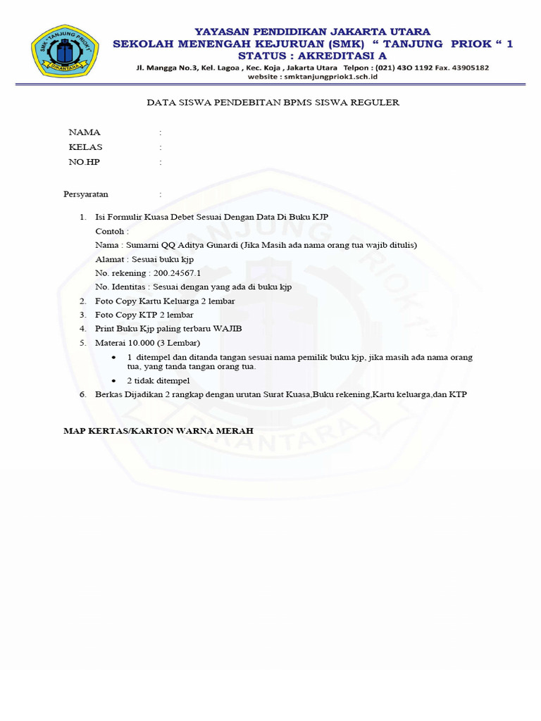 Formulir Pendebitan BPMS Siswa Reguler | PDF