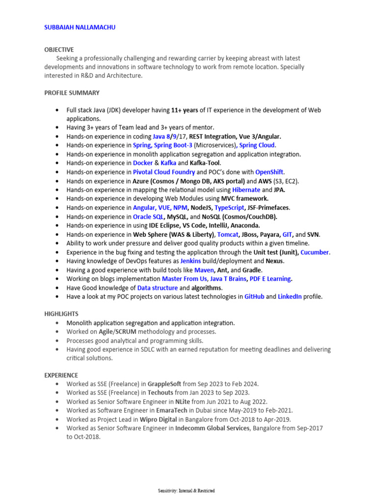 Subbaiah Nallamachu_UI Full Stack Lead Architect | PDF | Eclipse (Software) | Java (Programming ...