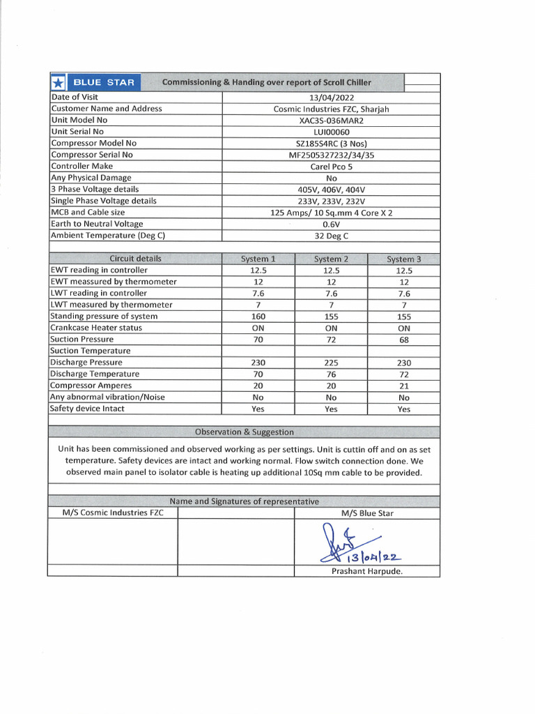 Bluestar Chiller Report | PDF