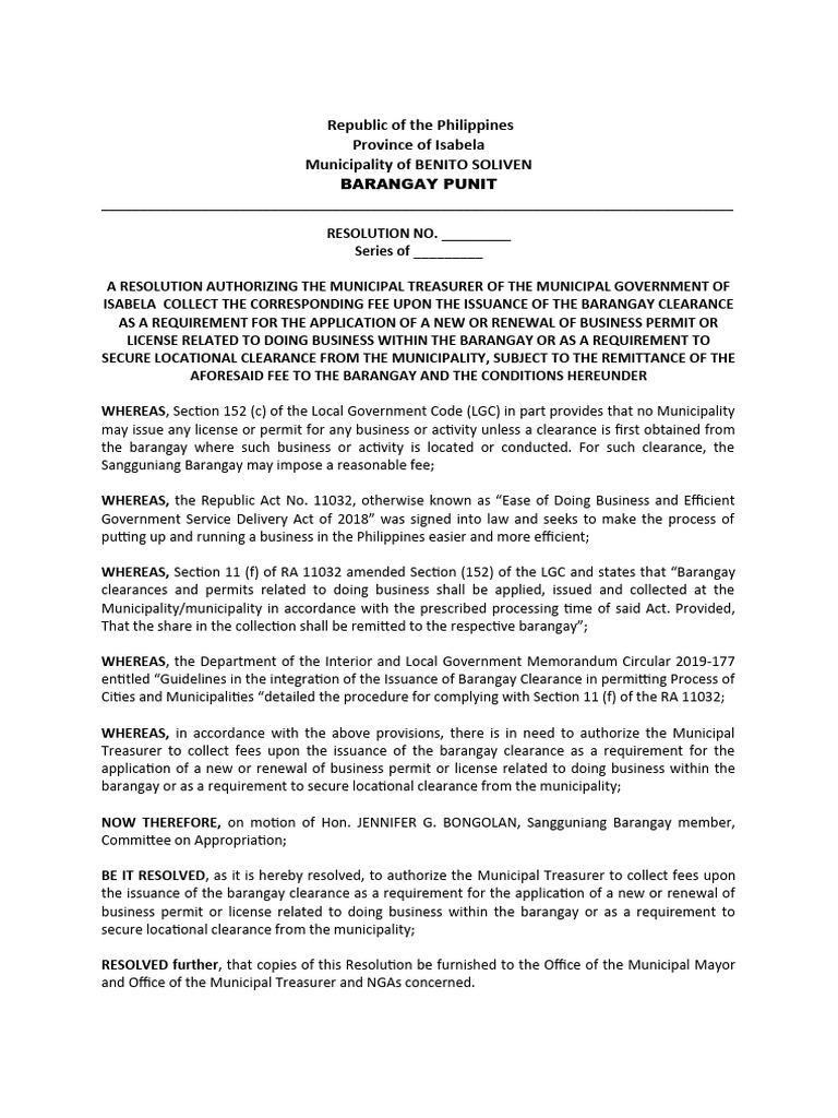 5.2.2 Barangay Resolution Authorizing Municipal Treasurer To Collect ...