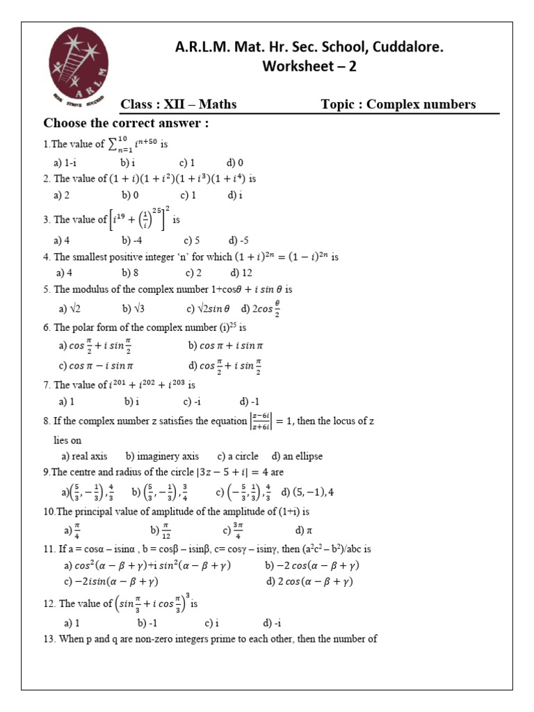 Worksheet - 2 ( Complex Numbers) | Download Free PDF | Complex Number | Pi