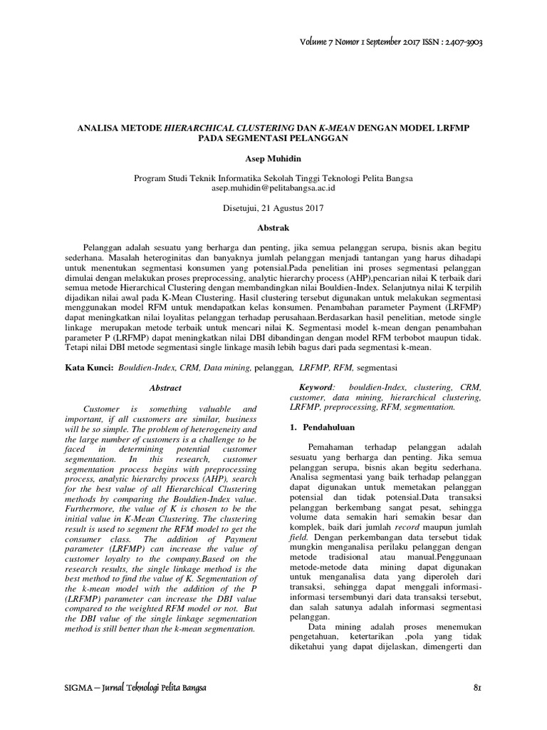 Analisa Metode Hierarchical Clustering Dan Kmean Dengan Model LRFMP ...