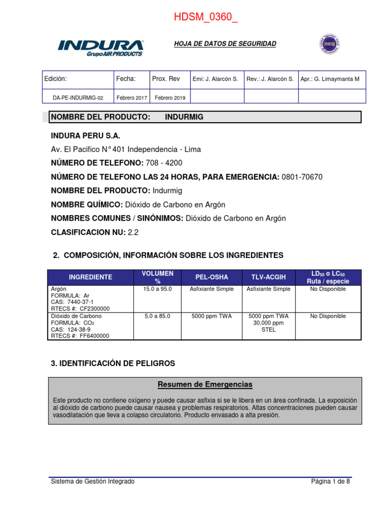 Hoja de Seguridad Indurmig Indura | PDF | Oxígeno | Respiración