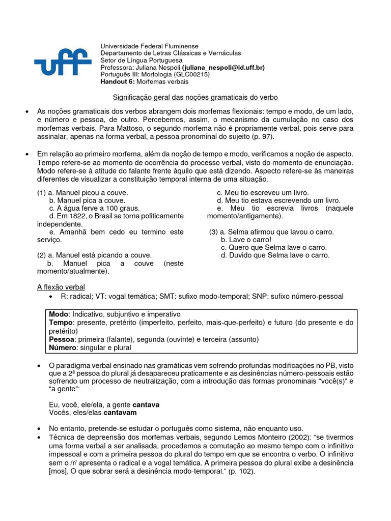 Handout 6 - Morfemas Verbais | PDF | Morfologia linguística | Gramática