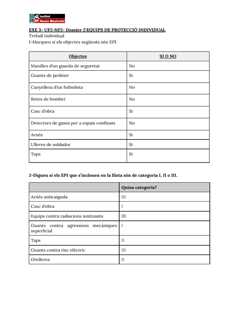 EXE 3 - UF2-NF2 - Dossier 2 - EQUIPS DE PROTECCIÓ INDIVIDUAL | PDF