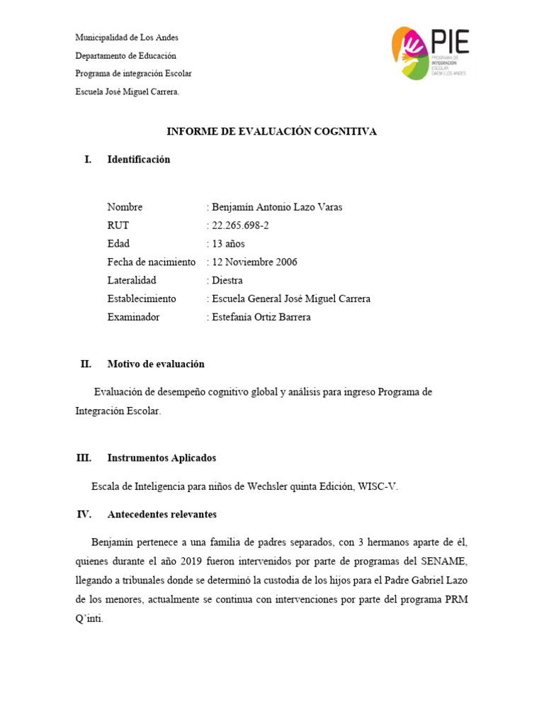 INFORME DE EVALUACIÓN COGNITIVA Benjamin Lazo | PDF | Inteligencia ...
