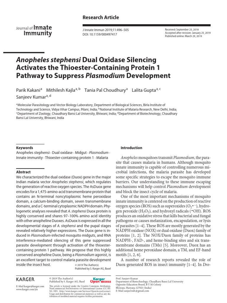 Anopheles Stephensi Dual Oxidase Silencing Activat | PDF | Plasmodium | Malaria