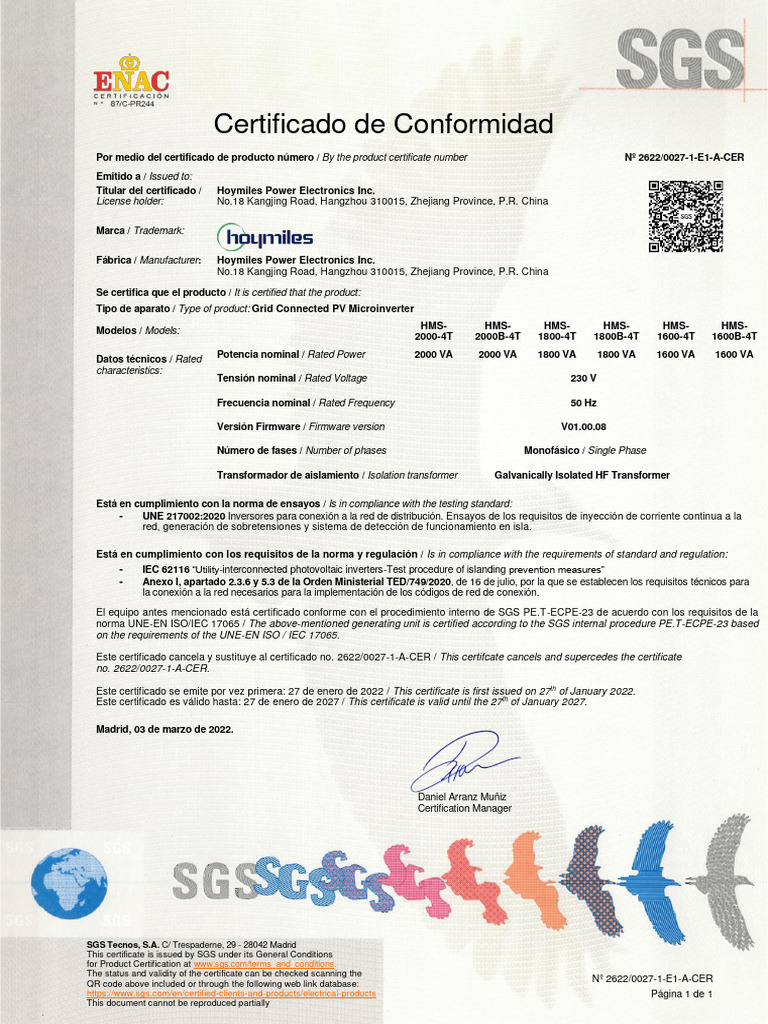 HMS-2000-Series UNE217002-2020 ES Certificate V20220127 | PDF | Electromagnetismo | Poder (Física)