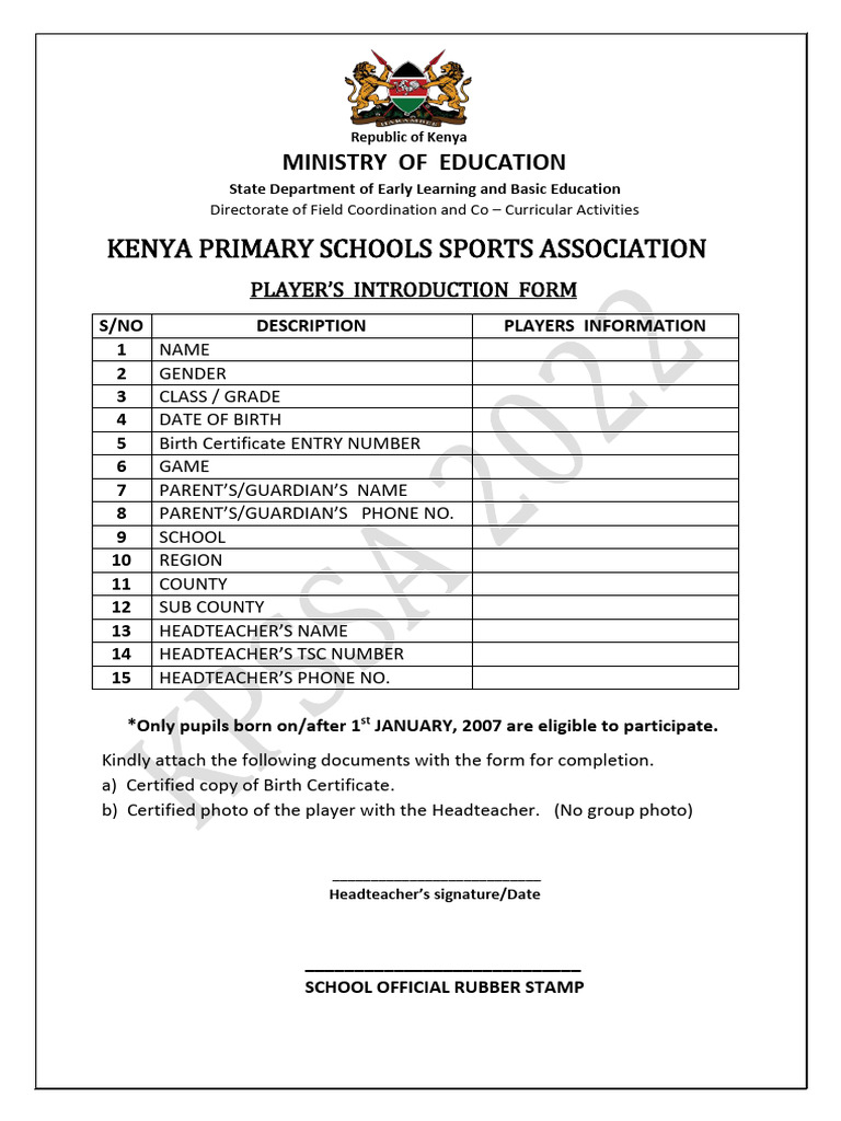 Kenya Primary Schools Sports Form | PDF