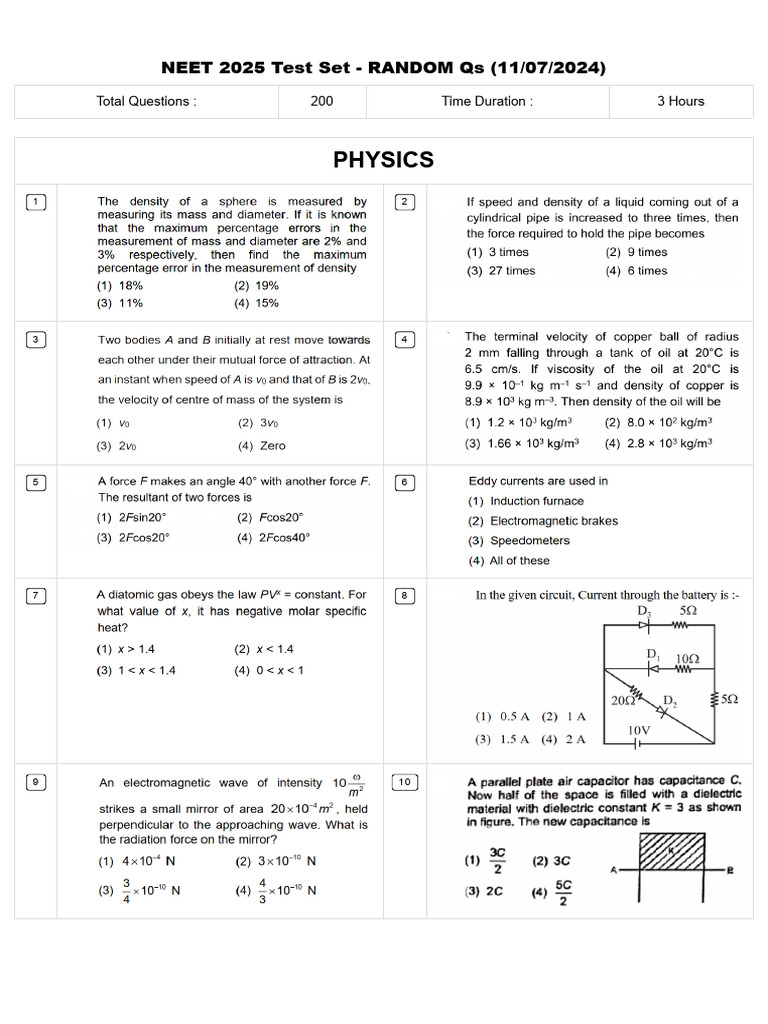 NEET2025 Test Sets QAs Sol-11 July 2024 | PDF | Standardized Tests