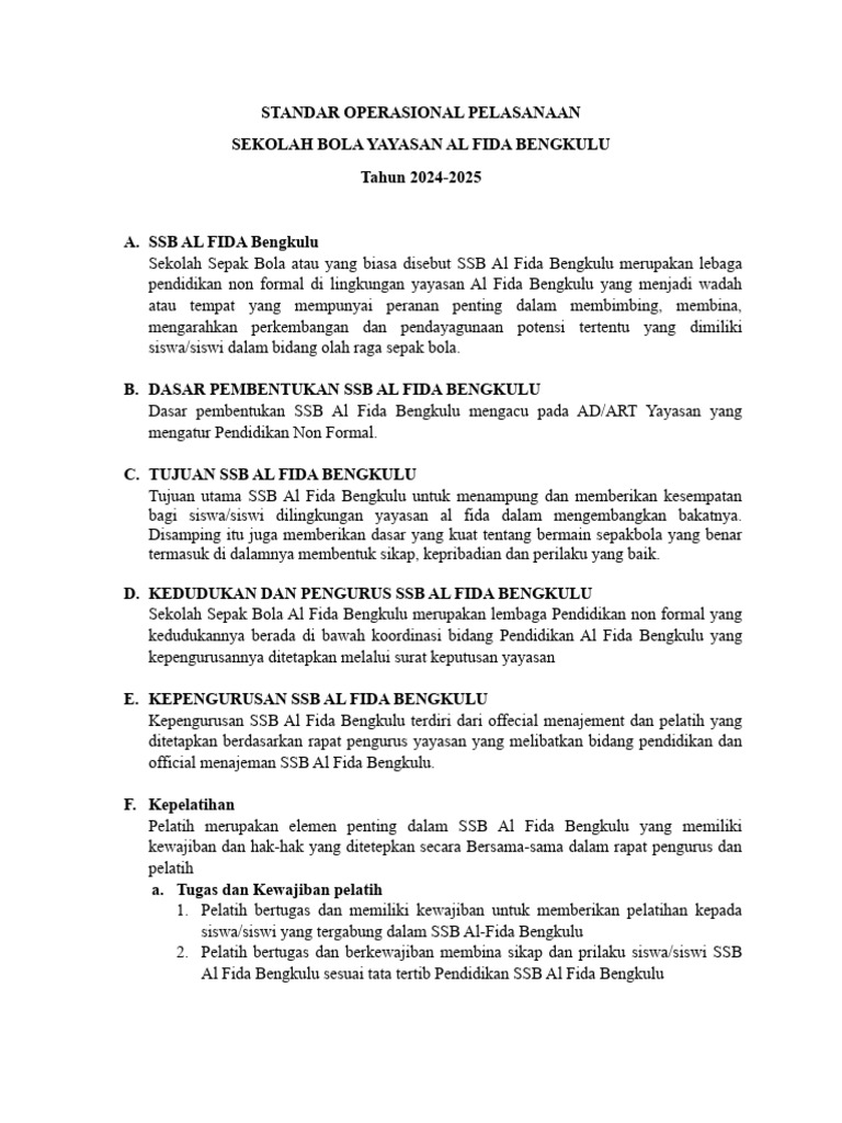 Standar Operasional Pelasanaan SSB Al Fida Bengkulu | PDF