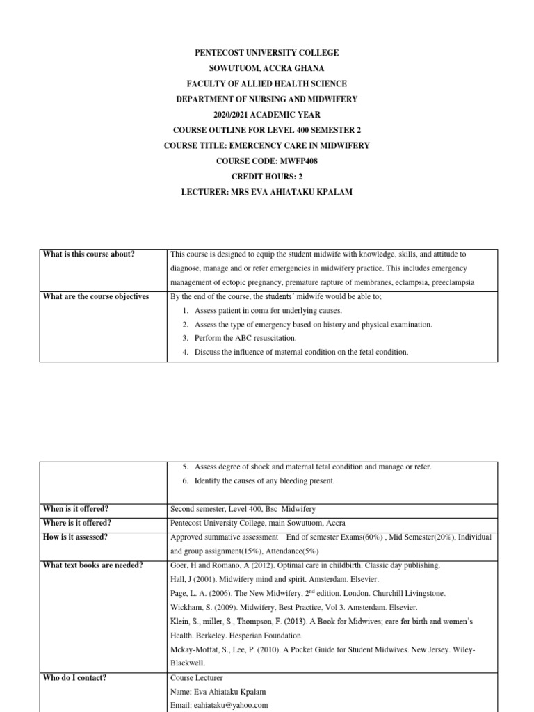 Emergency Care in Mid Pract. Course Outline | PDF | Midwifery | Midwife