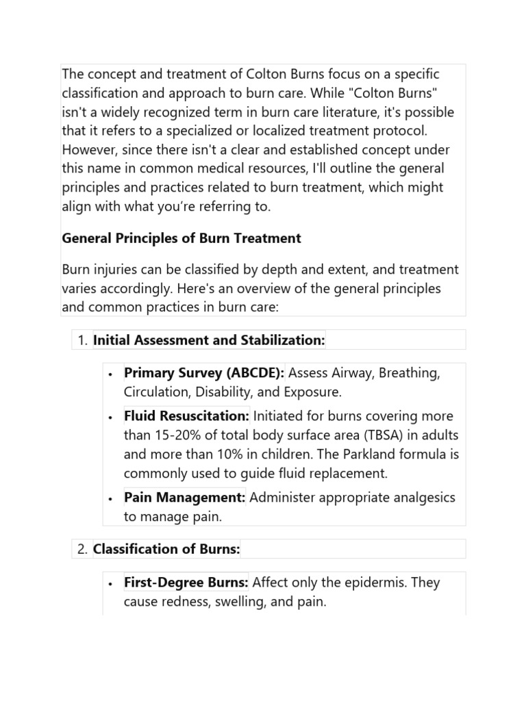 Treatment and Concept of Colton Burn | PDF | Burn | Wound