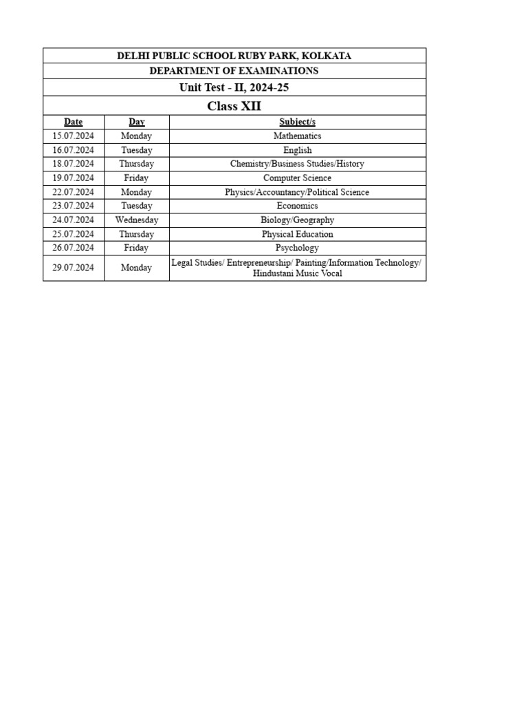Class 12 Unit Test II Date Sheet 2024-25 | PDF