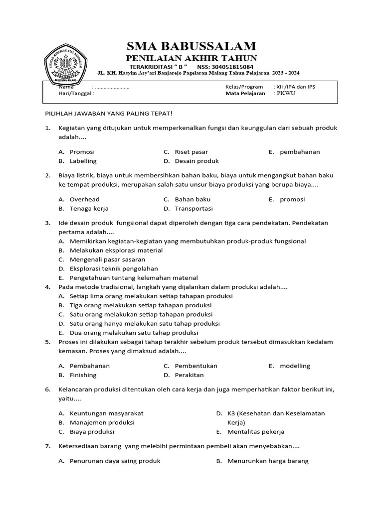 Soal Pat Pkwu Kelas 12 2024 | PDF