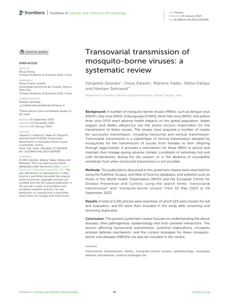 Transovarial Transmission of Mosquito Borne Viruses | PDF | Rna ...
