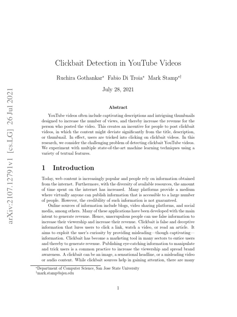 Clickbait Detection in YouTube Videos | PDF | Machine Learning | Applied Mathematics