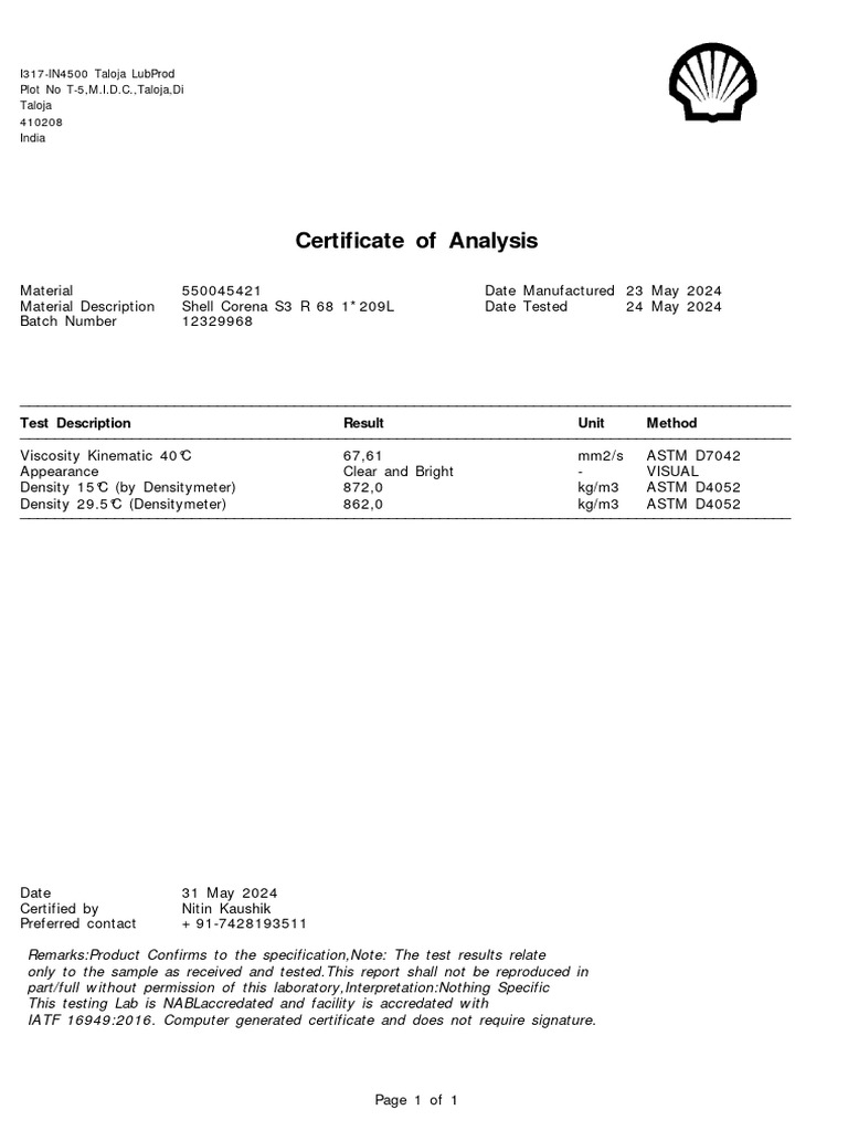 Compressor Oil - Certificate of Analysis | PDF Compressor Oil - Certificate of Analysis | PDF