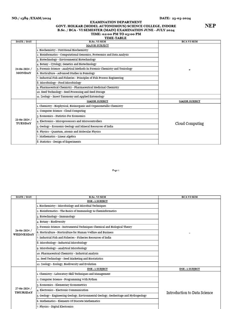 619879time Table BSC Vi Semester Main Atkt Examination June July 2024 | PDF | Biotechnology ...