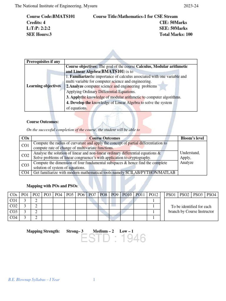 CS I Sem Mathematics 1 BMATS101 | PDF | Equations | System Of Linear ...