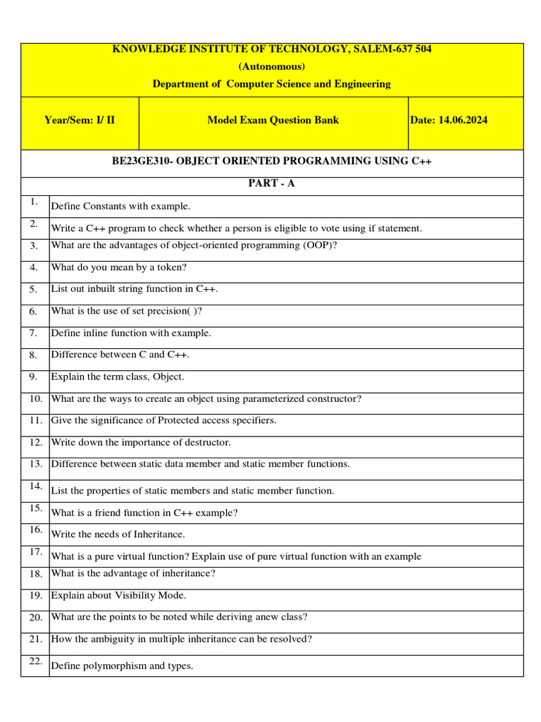 OOP - Model Exam Question Bank | PDF | C++ | Method (Computer Programming)