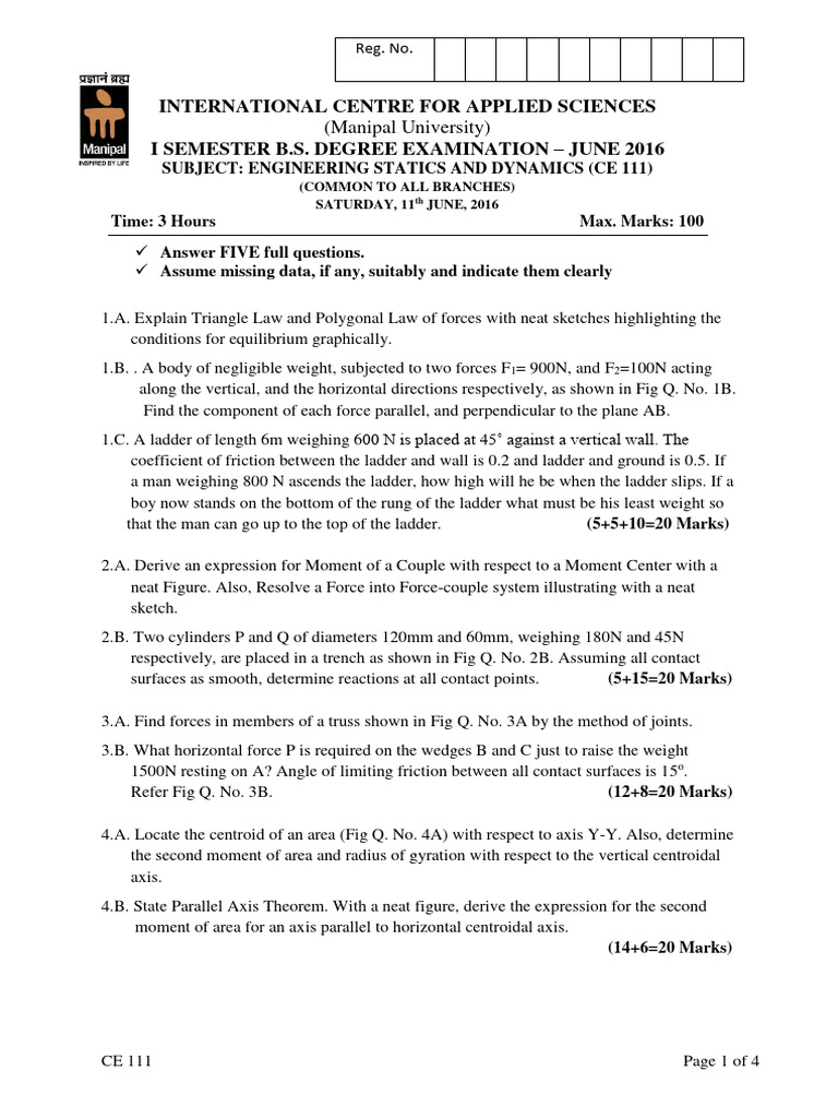 Engineering Statics and Dynamics (CE-111) (Common To All) | PDF | Force ...