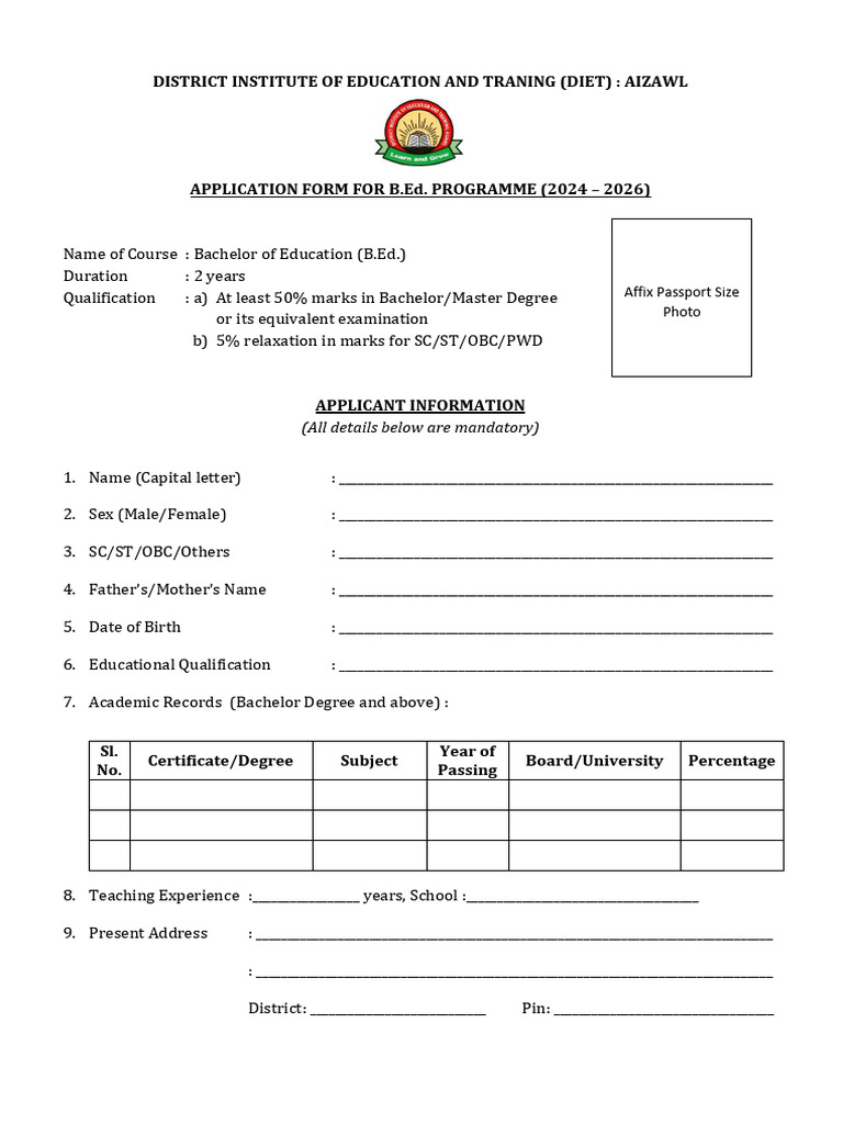 B.Ed. Application Form 2024 - DIET Aizawl | PDF | University And College Admission | Academic Degree