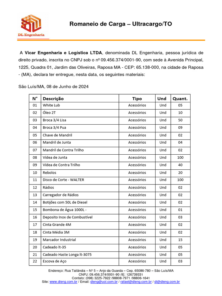 Romaneio de Carga - Ultracargo - TO (08.06.2024) | PDF