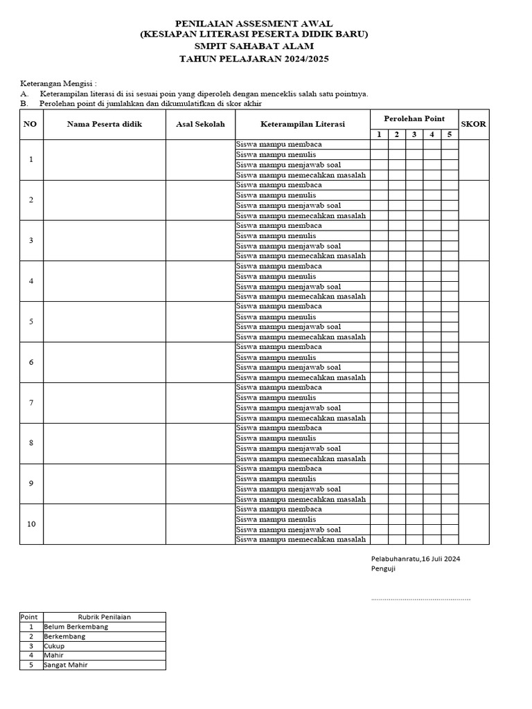 Format Penilaian Literasi Numerasi Smpit | PDF