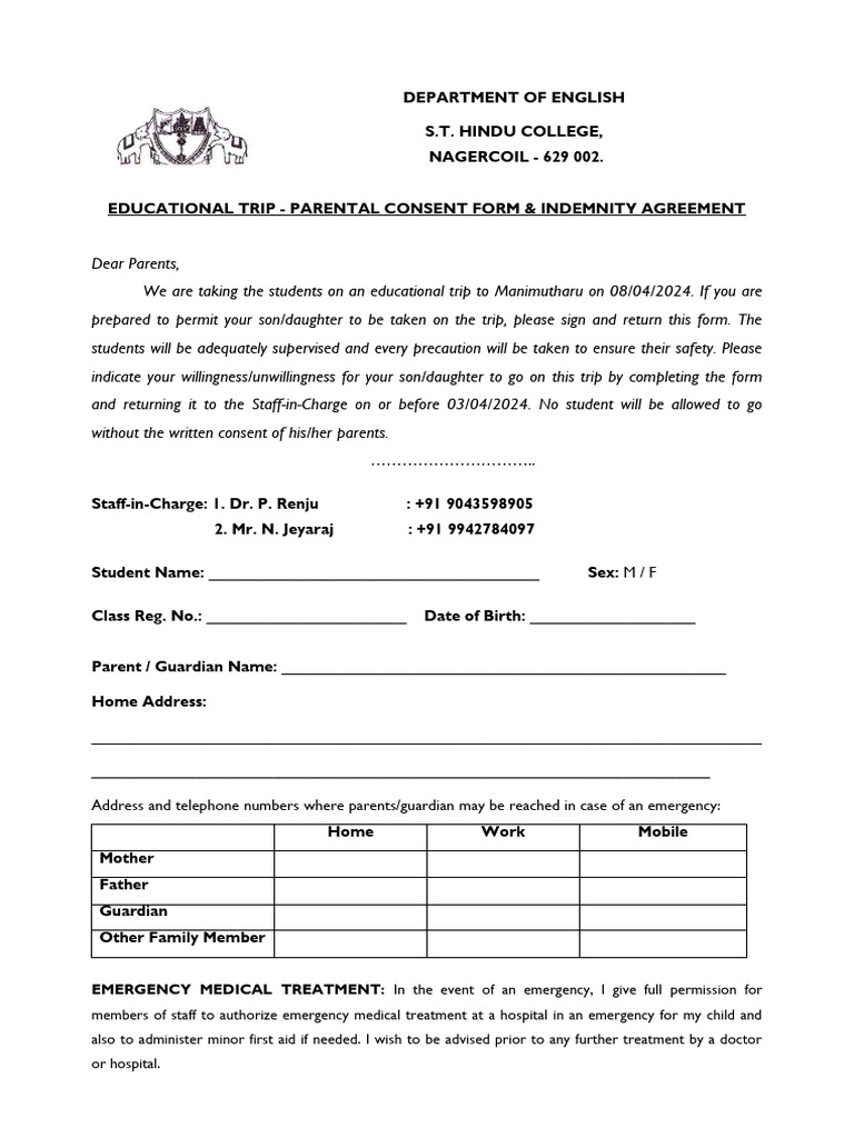 The TOUR CONSENT FORM (III B.A. English) | PDF | Self-Improvement | Wellness