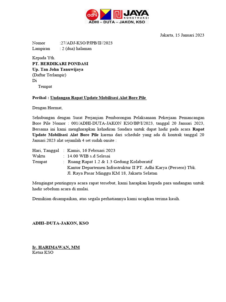 027 - Undangan Rapat Pt. Berdikari Pondasi | PDF