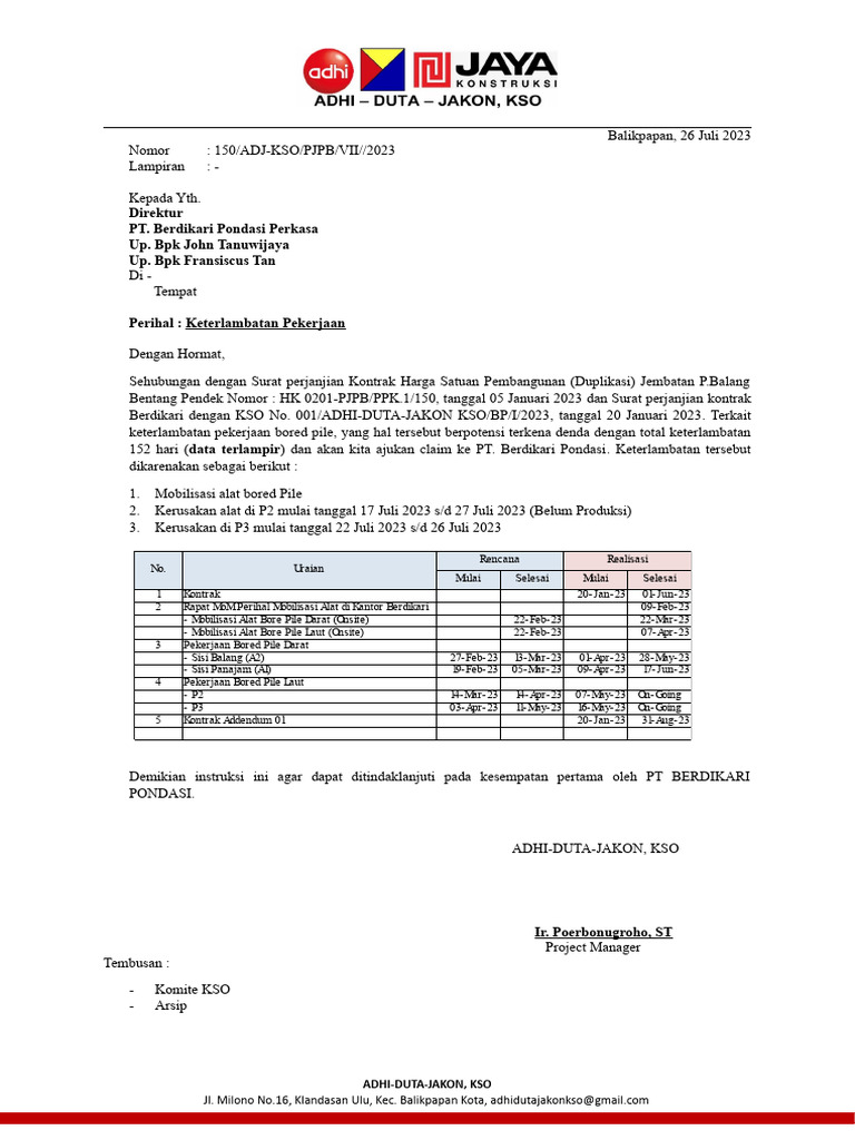 150 - Surat Keterlambatan Pekerjaan PT. Berdikari Pondasi | PDF