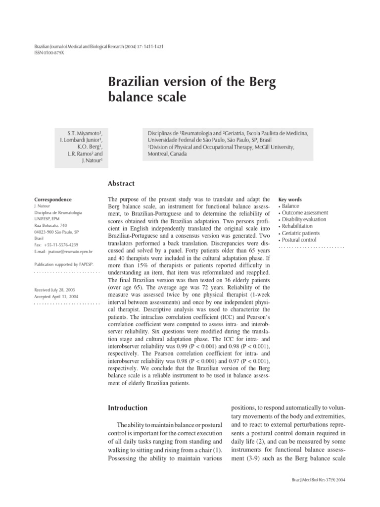 Escala de Berg | PDF | Sensitivity And Specificity | Physical Therapy