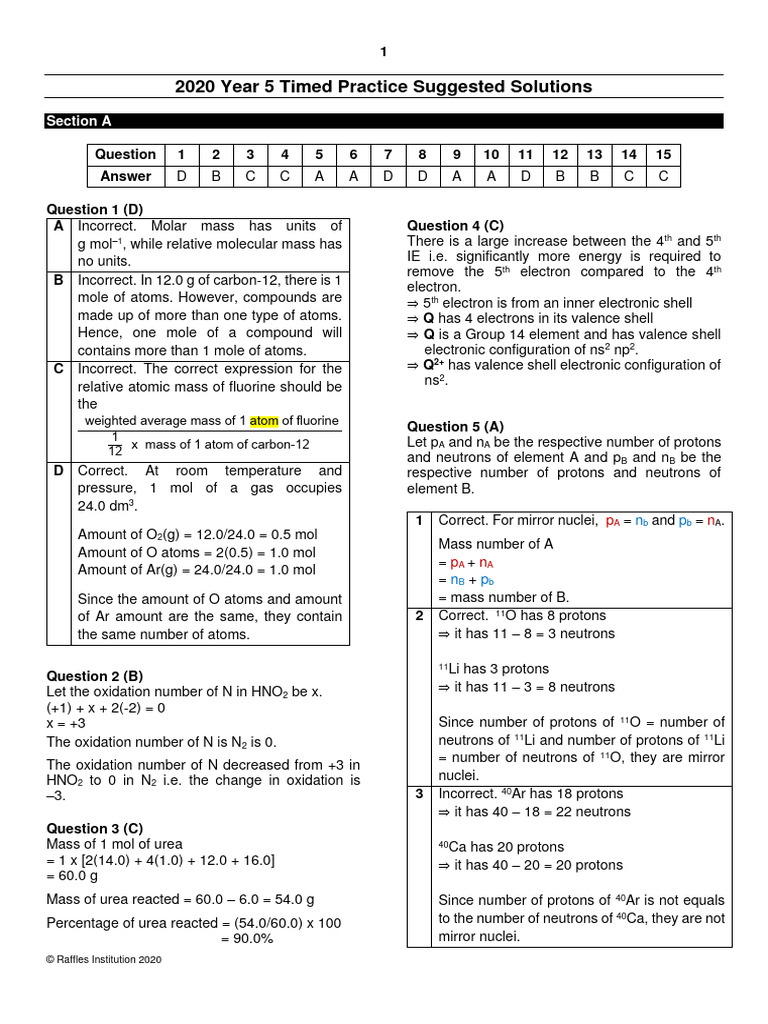 2020 Y5 Timed Practice Solutions | PDF | Ionic Bonding | Gases