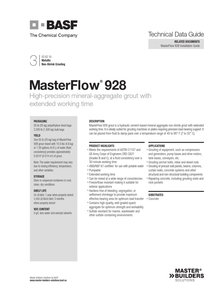 Basf Masterflow 928 Tds | PDF | Strength Of Materials | Concrete