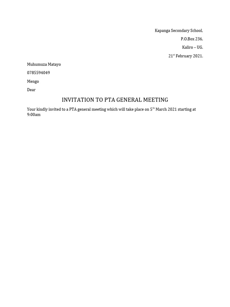 PTA Meeting Invitation - Kapanga School | PDF