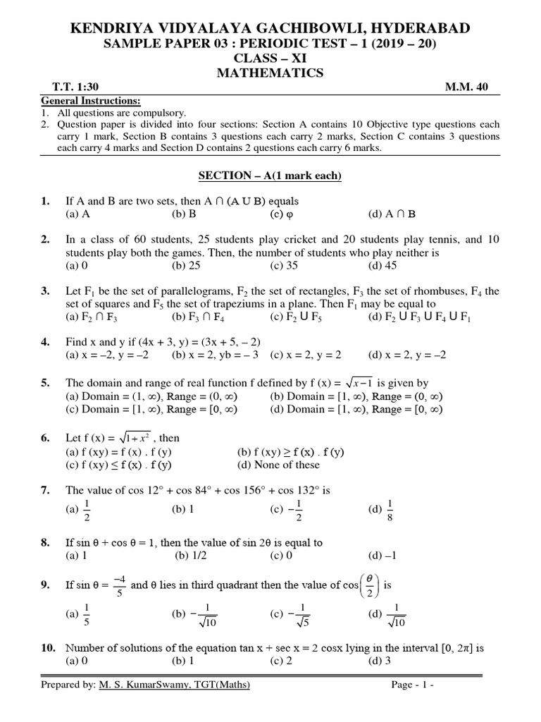 Maths Xi Periodic Test 1 Sample Paper 03 2019 | PDF | Function ...