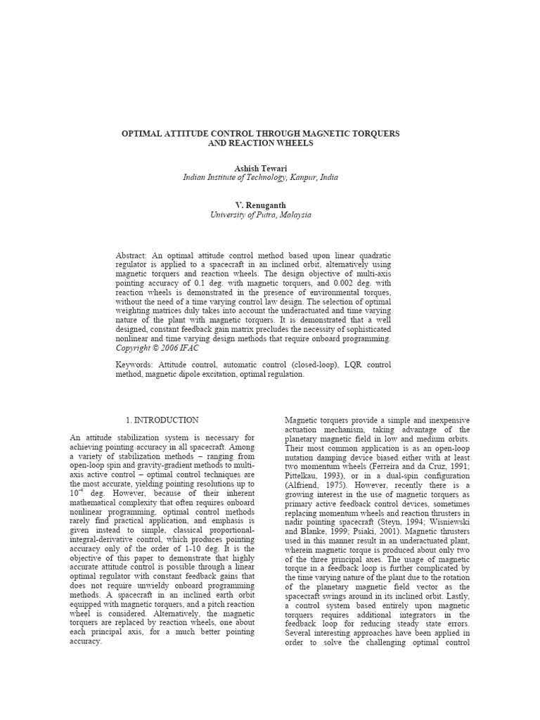 Optimal Attitude Control Through Magnetic Torquers and Reaction Wheels ...