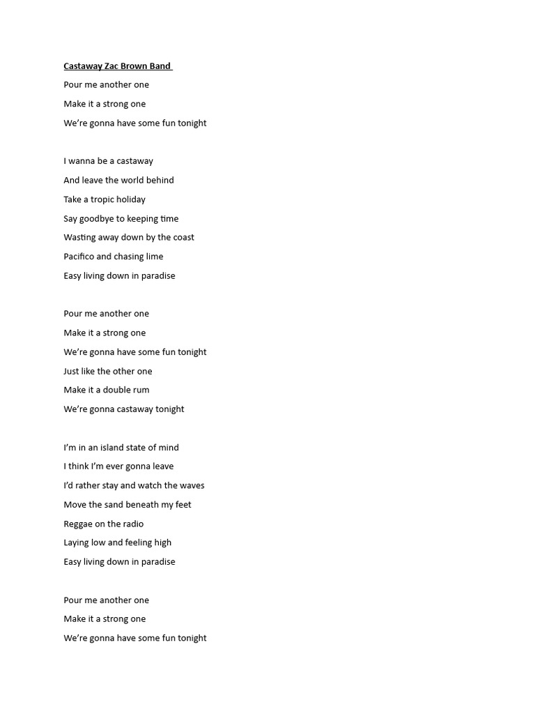 Castaway: Zac Brown Band Lyrics | PDF | Art | Poetry