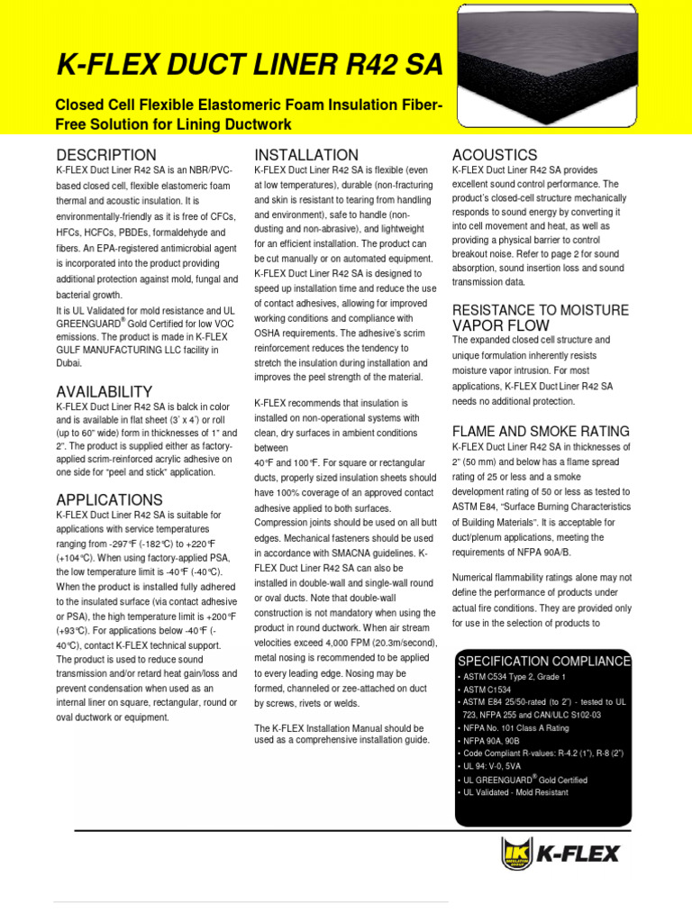 K Flex Duct Liner r42 Sa Tds PDF | PDF | Duct (Flow) | Building Technology