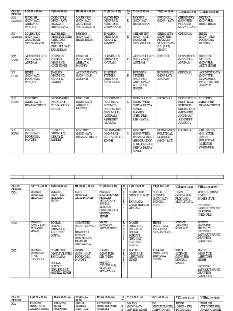 Time Table Class - 9 To 12 | PDF