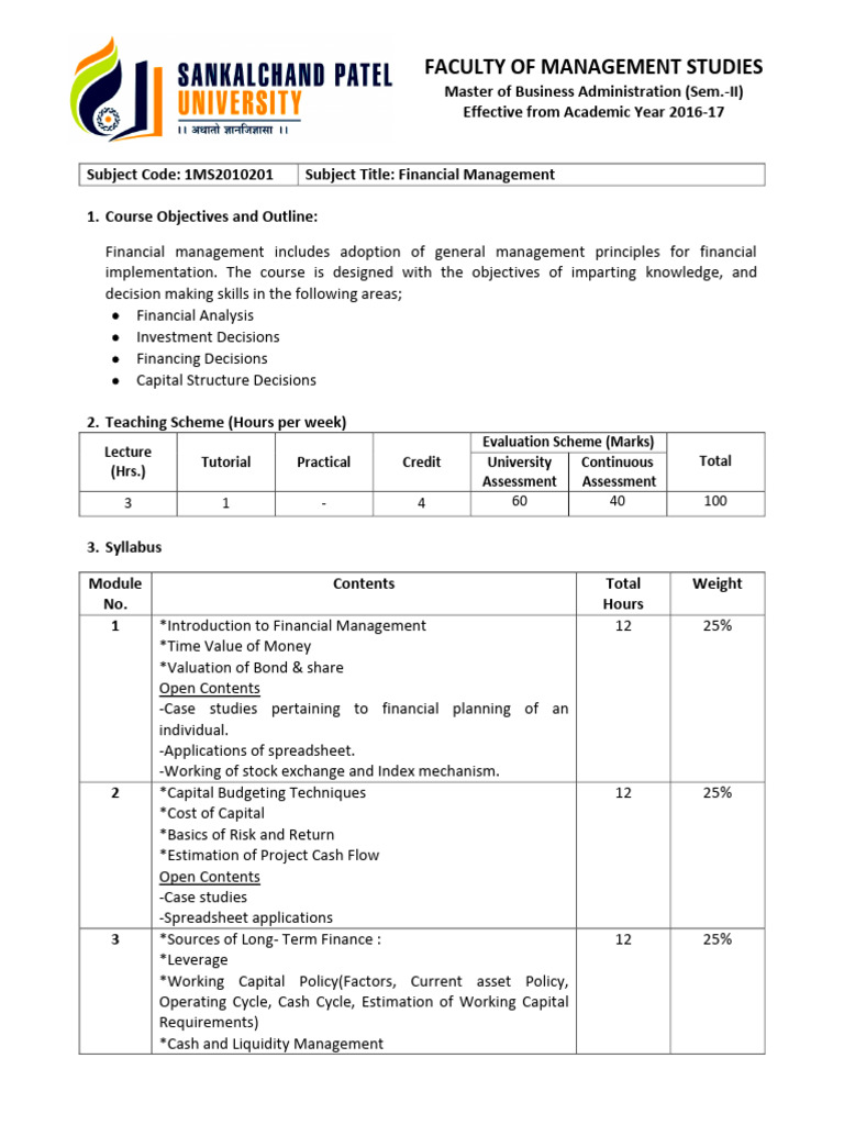 Financial Management MBA Course Outline | PDF | Investing | Money
