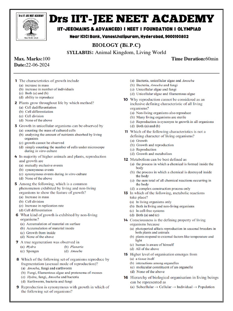 Question Paper Bipc 22-06-2024 | PDF