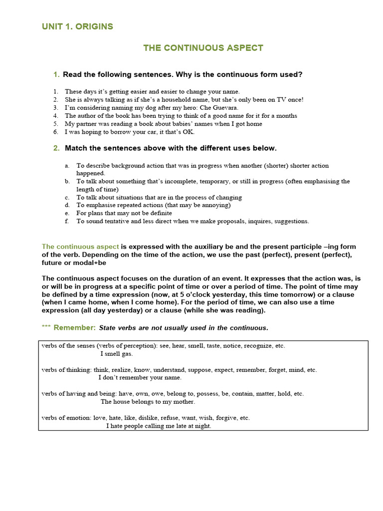 3 Trim B1 - U1 - Origins. Grammar - Continuous Aspect | PDF | Syntax | Language Mechanics