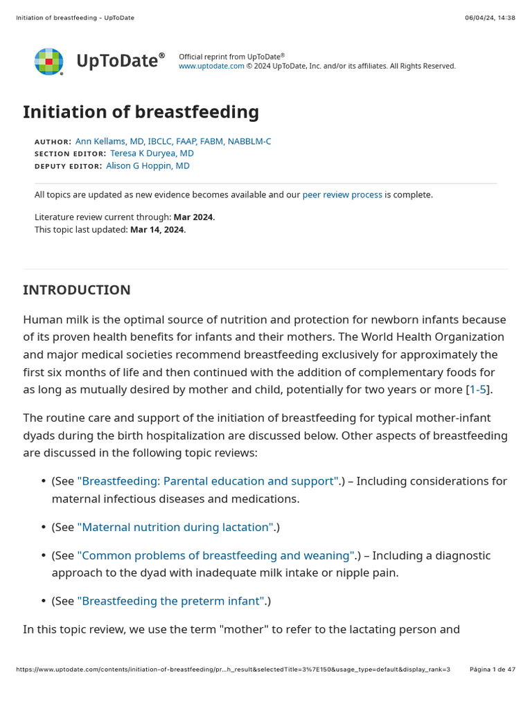 Initiation of breastfeeding - UpToDate | PDF | Breastfeeding | Breast Milk