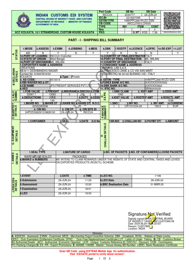 INCCU4 Export Shipping Bill Summary | PDF | Customs | Qr Code