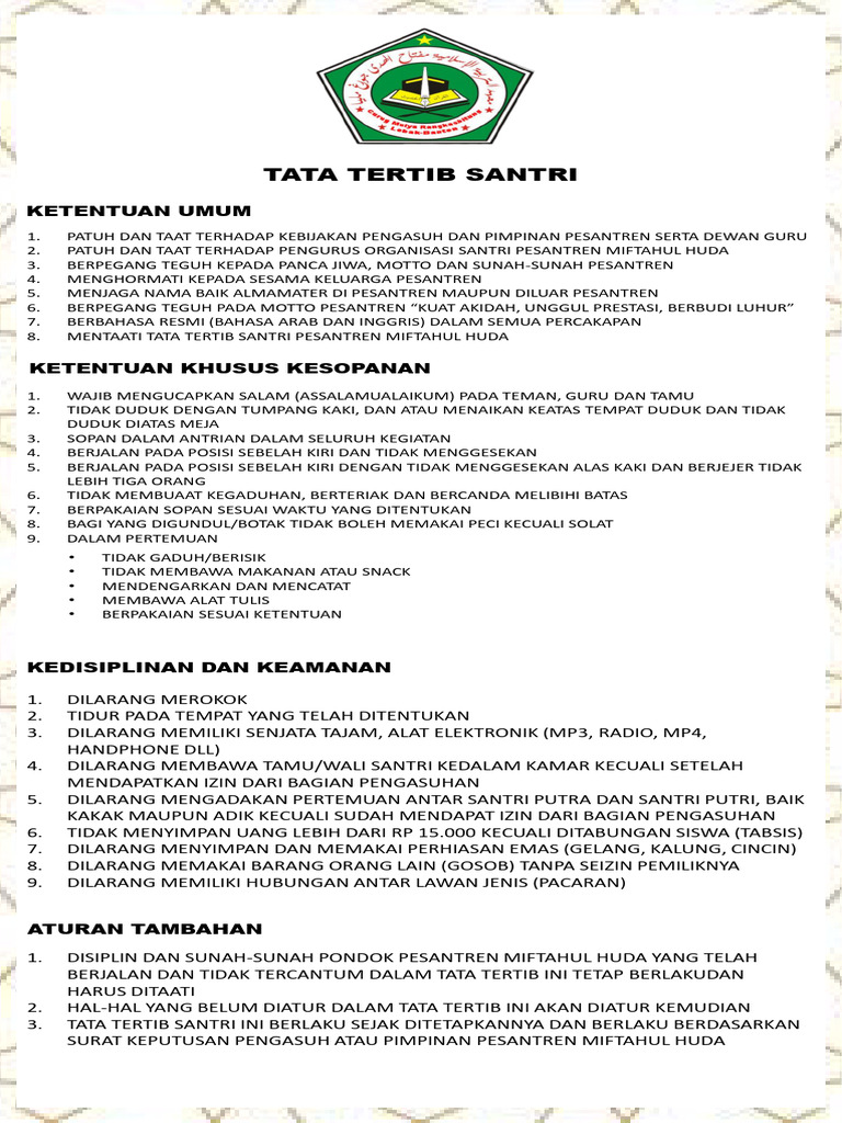 Tata Tertib Santri Pesantren Miftahul Huda | PDF