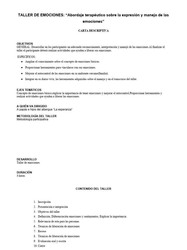 TALLER DE EMOCIONES- “Abordaje terapéutico sobre la expresión y manejo de las emociones” | PDF ...