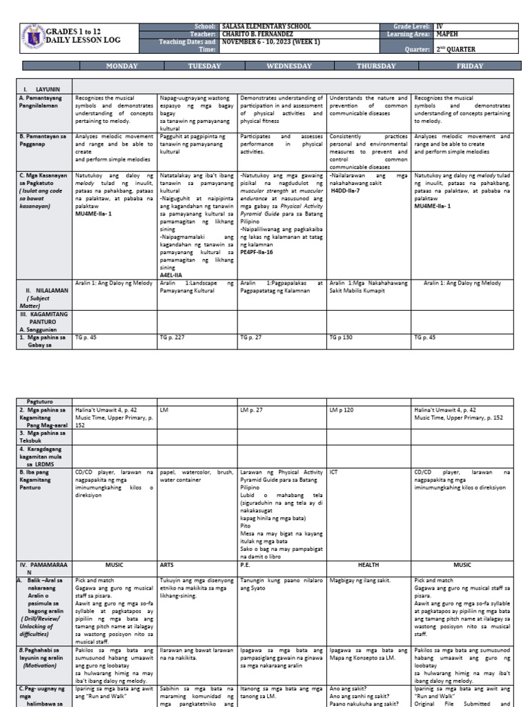 DLL - Mapeh 4 - Q2 - W1 | PDF